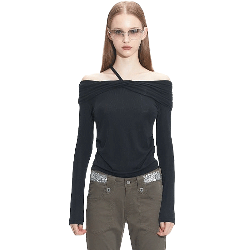 [RUNWAY TICKET] Twisted Slim Fit Off-Shoulder Long Sleeve_Black ...